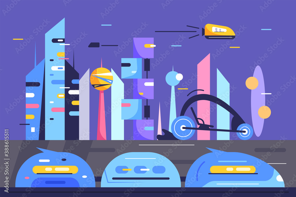 City of the future, tall futuristic buildings, electric cars, metro of ...