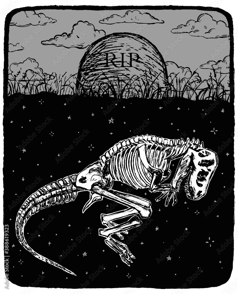 Dinosaur skeleton under a gravestone with an inscription RIP. Hand ...
