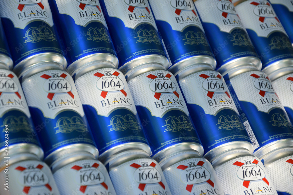 Blanc logo on beer cans in big amount. 1664 Blanc is the wheat beer ...