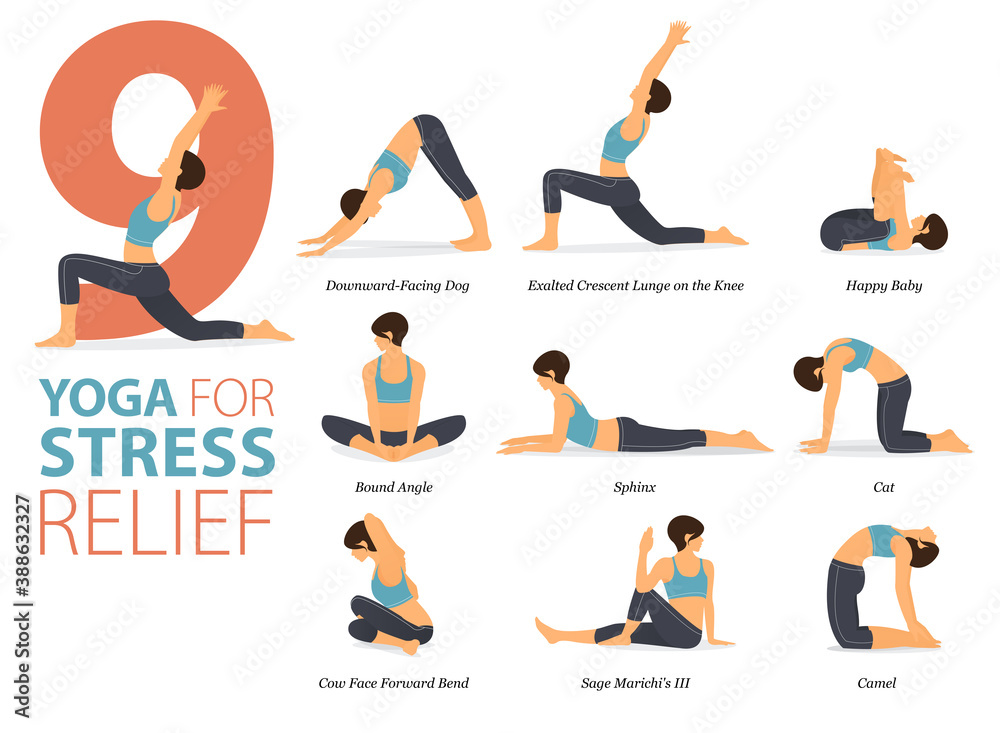 9 Yoga Poses Or Asana Posture For Workout In Stress Relief Concept