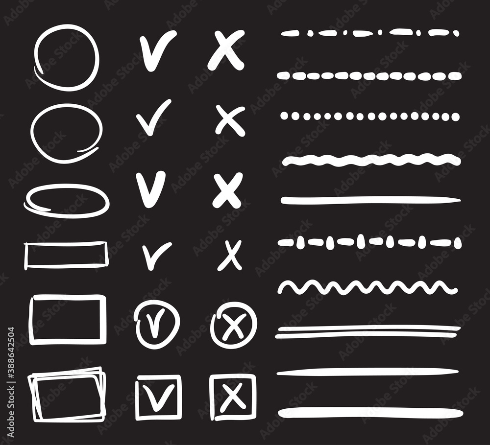 White outline elements on black. Geometric shapes. Hand drawn signs and ...
