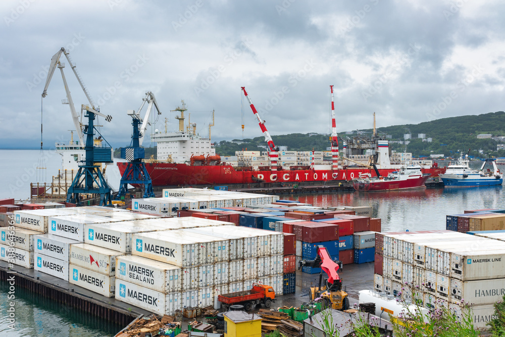 Terminal commercial sea port, crane unloaded Russian container cargo ...