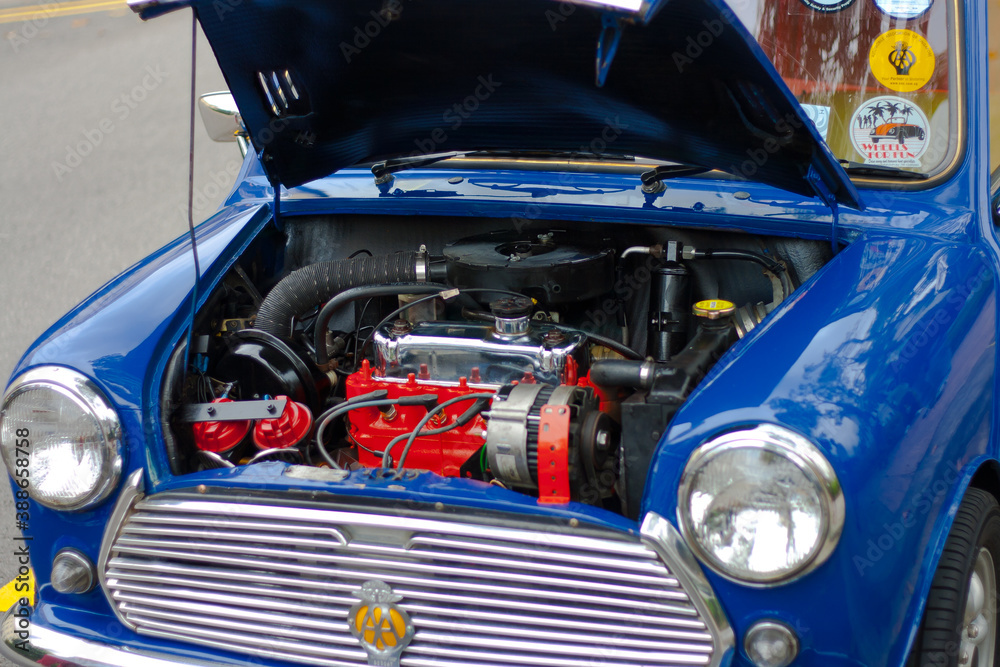 Vintage car Mini Cooper open hood showing the engine Stock Photo ...