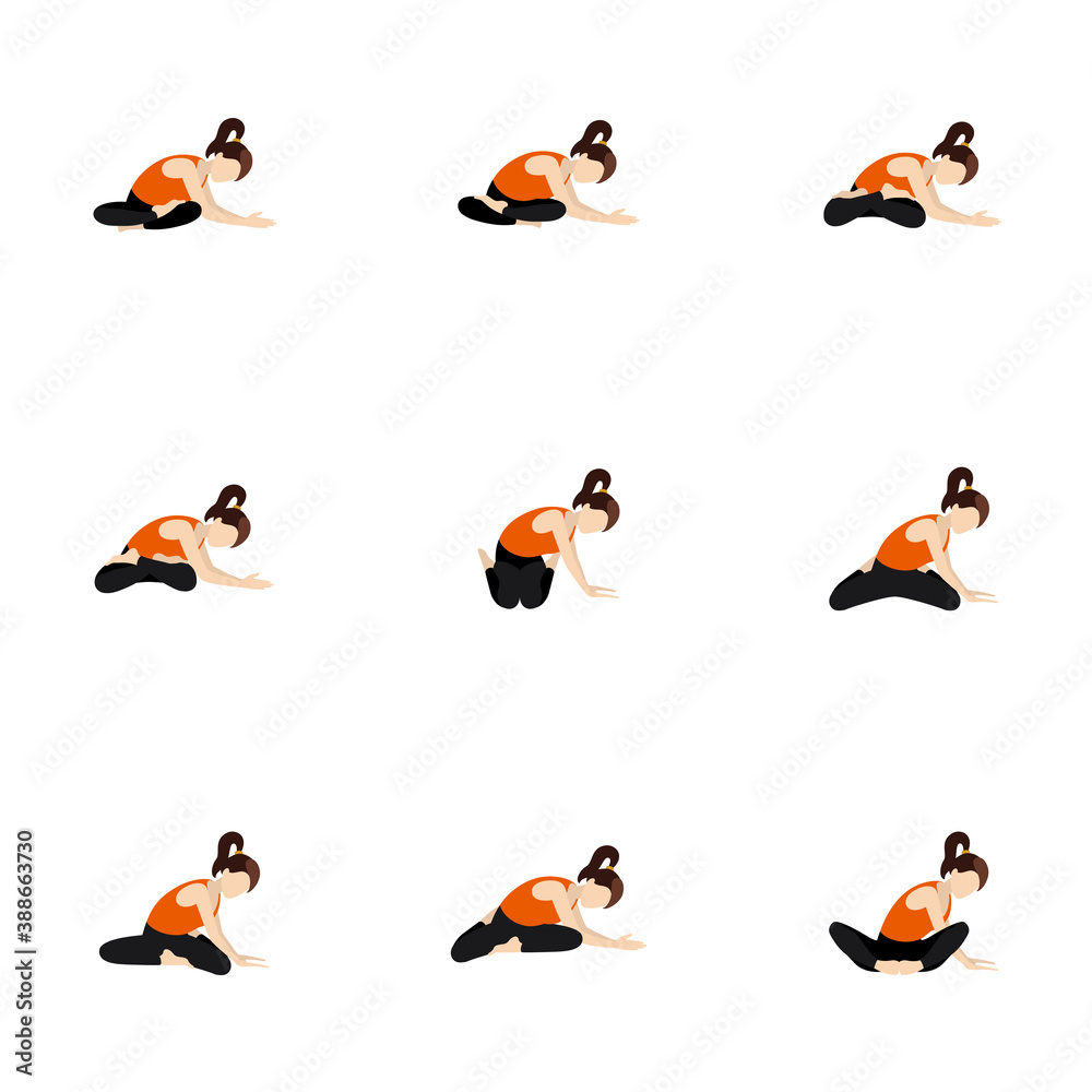 Seated side lean and twist yoga asanas set / Illustration stylized ...