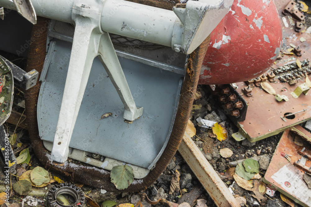 The wreckage of the airplane, parts of the fuselage and passenger seat ...