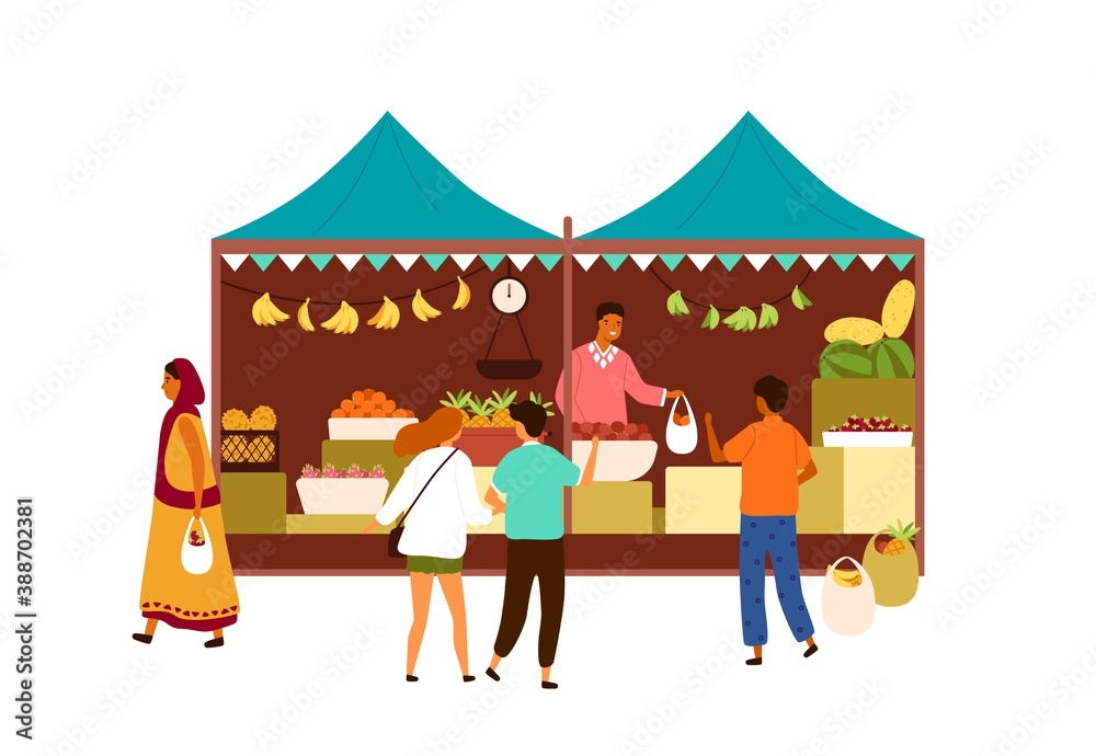 Asian street market kiosk isolated on white background. Vendor in the ...