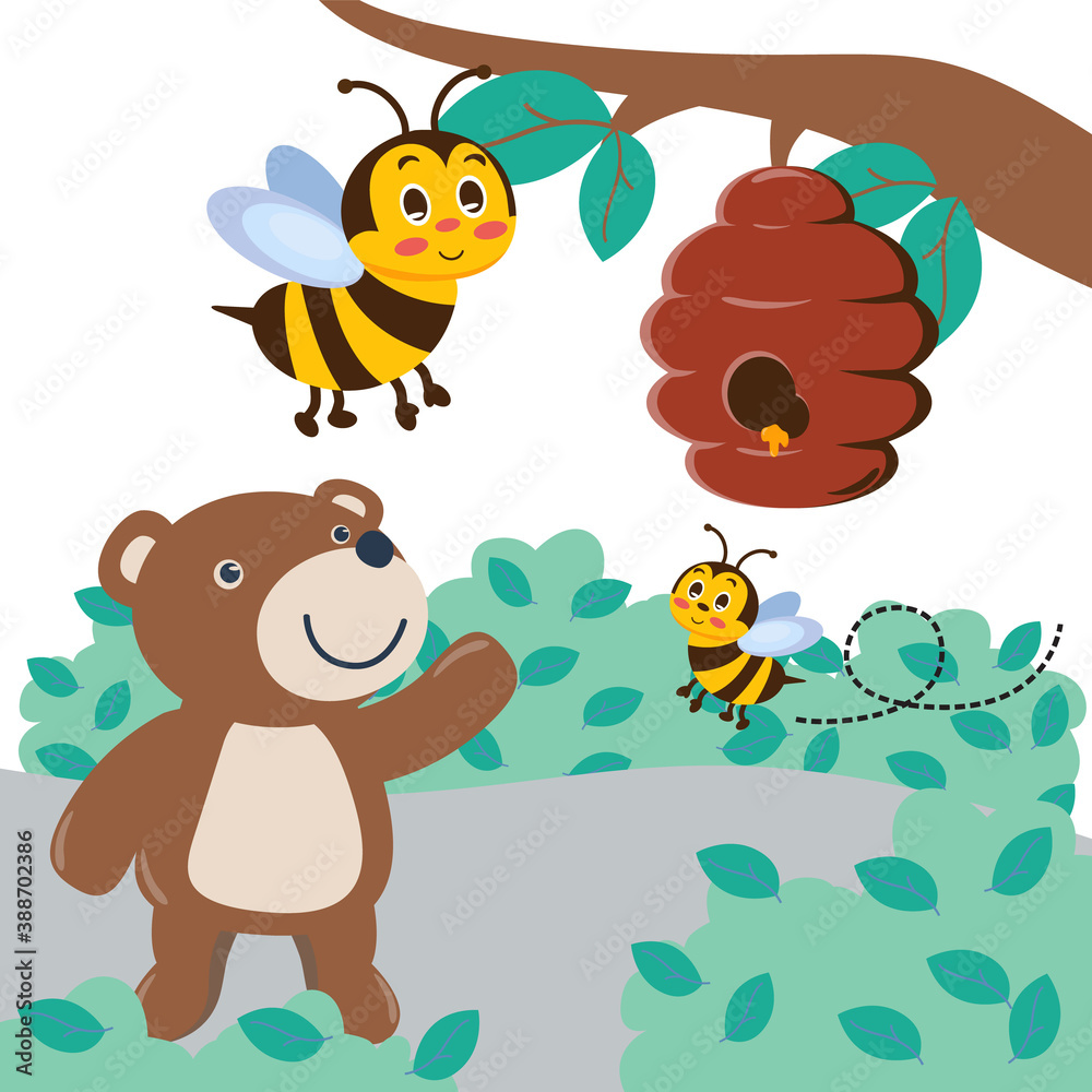 Cute bear with honey. Bear and bees. with cartoon style. Creative ...