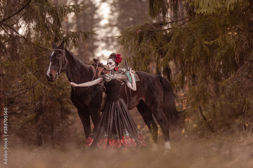 Young woman dressed as mexican symbol of day of the dead posing in ...