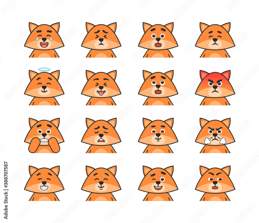 Cute fox avatar, emoticons showing various emotions. Chibi fox laughing ...