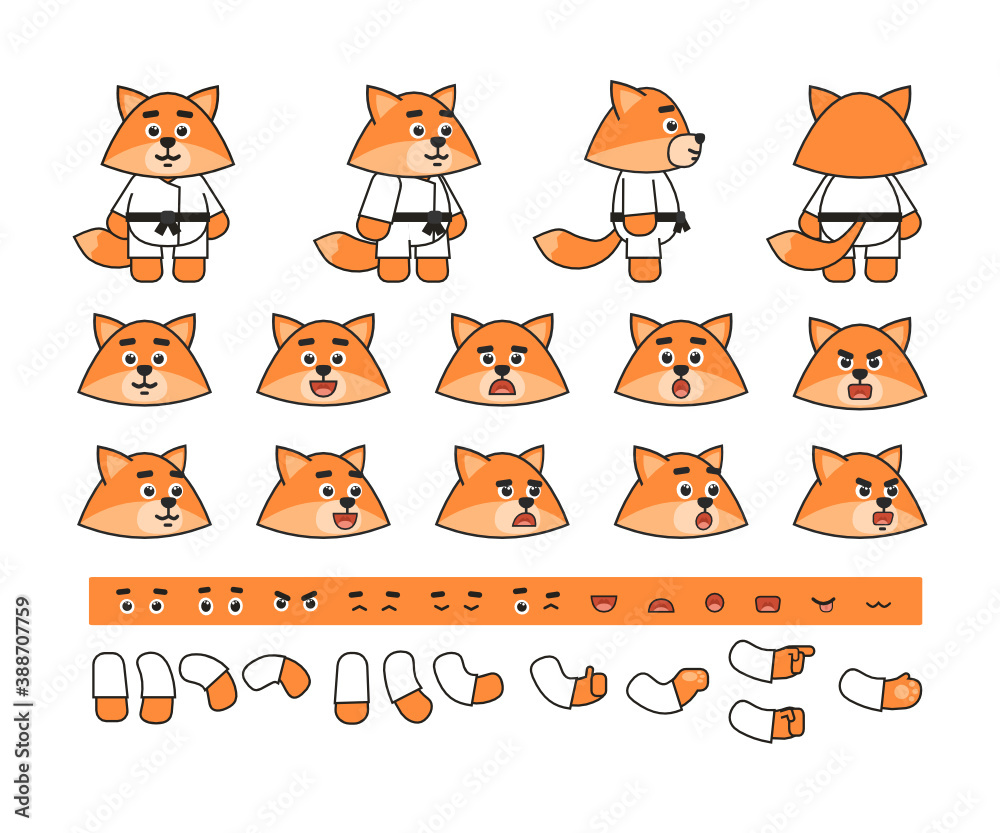 Karate fox mascot in white kimono creation kit. Create your own action ...