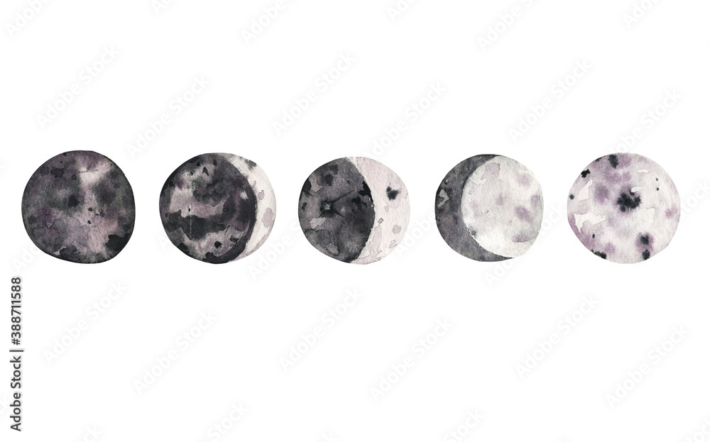 Watercolor hand painted moon cycle phases illustration. Space celestial ...