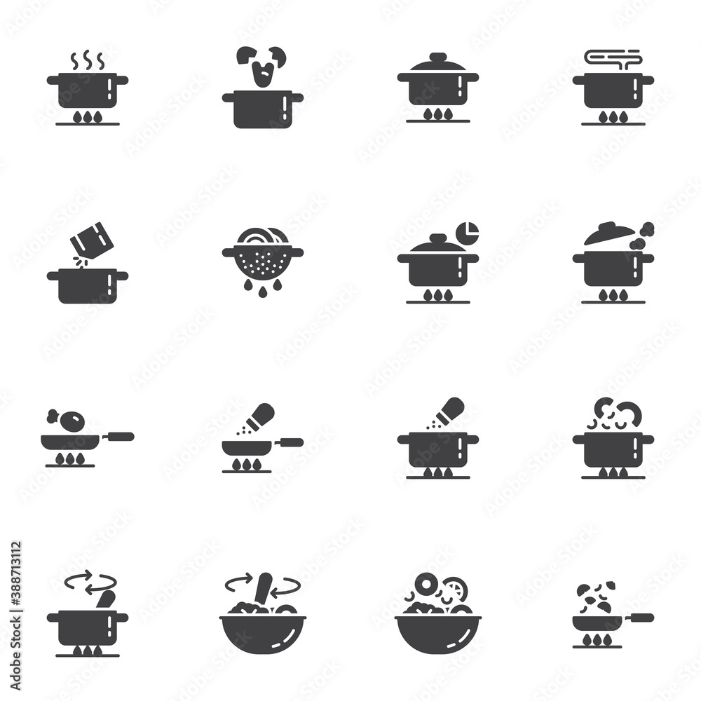 Cooking instruction vector icons set, food preparation modern solid ...