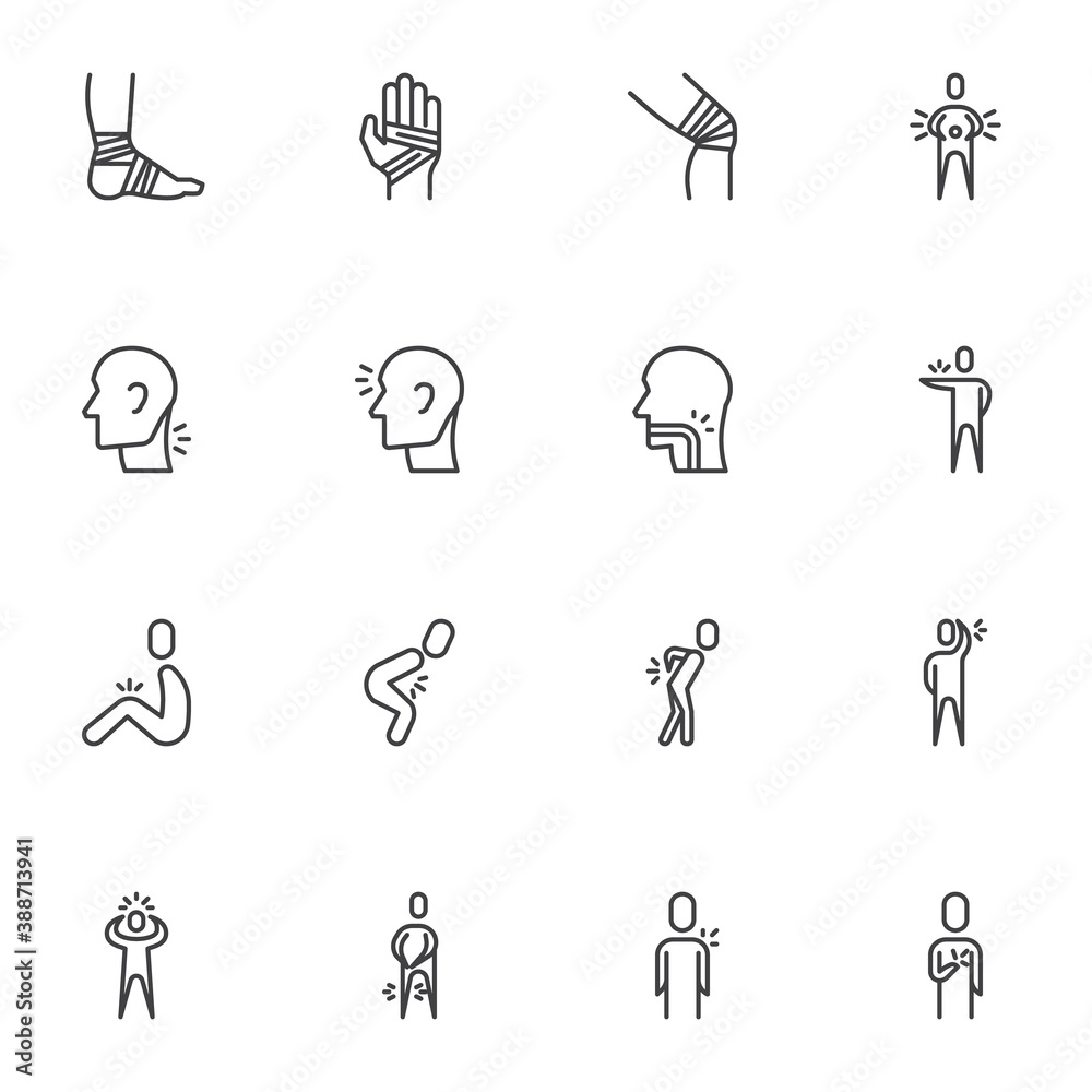 Body pain line icons set, human body ache outline vector symbol ...