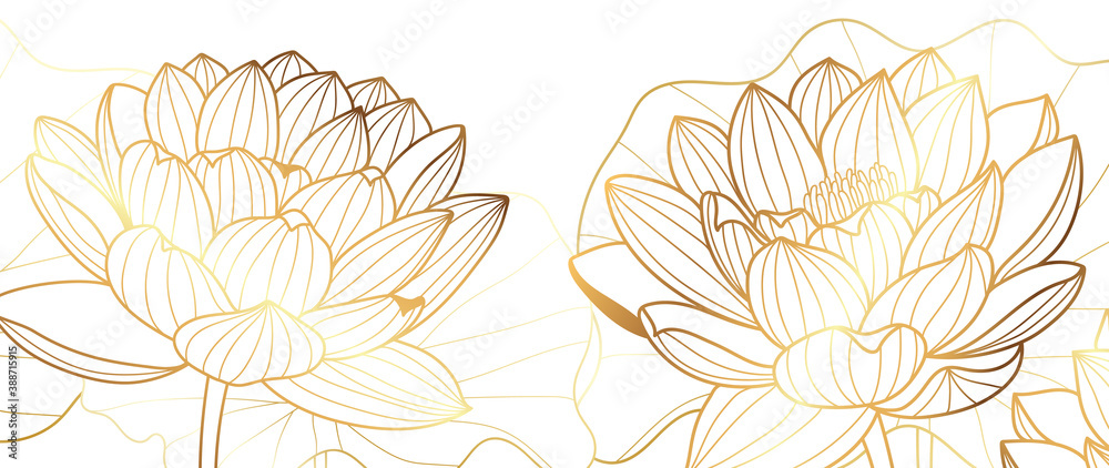 Golden lotus line arts on dark background, Luxury gold wallpaper design ...