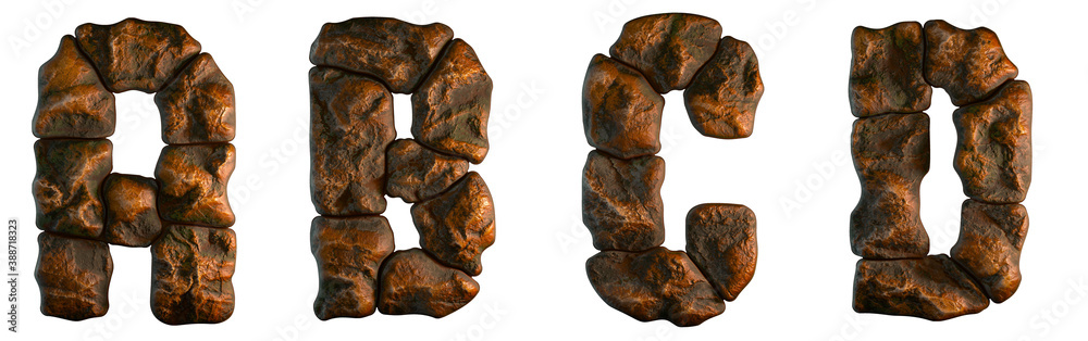 Set of rocky letters A, B, C, D. Font of stone on white background. 3d ...