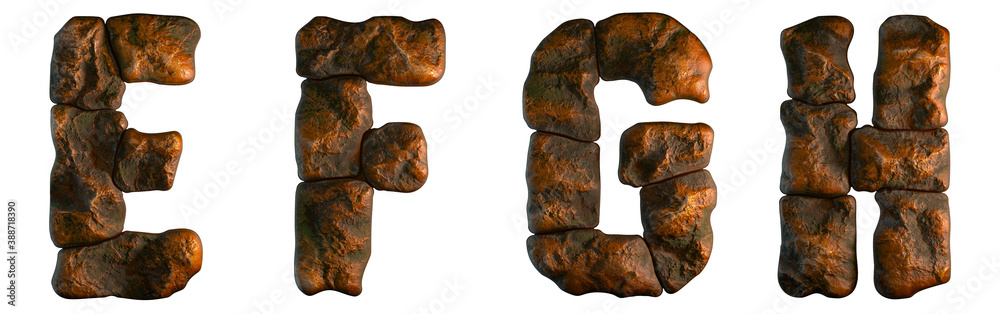Set of rocky letters E, F, G, H. Font of stone on white background. 3d ...