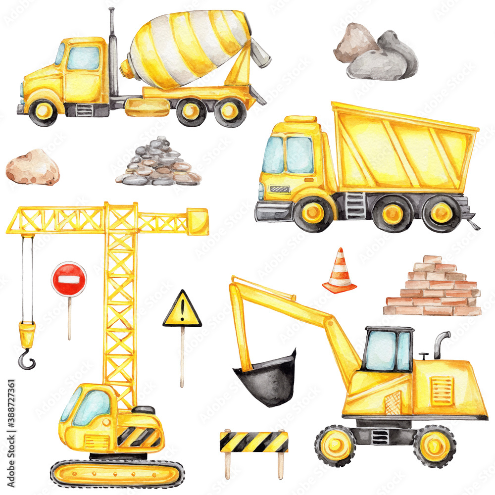 Set with concrete mixer, crane, truck, excavator, road signs, stones ...
