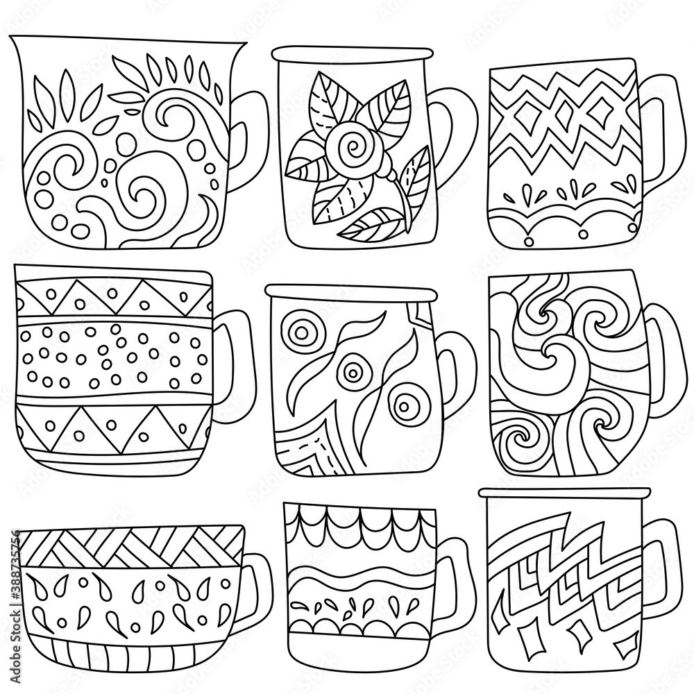 Set of contour cups with zen antistress patterns, lines and circles in ...