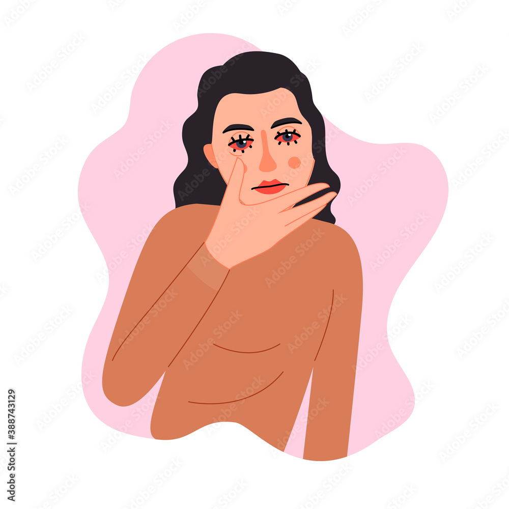 Isolated on white woman suffering from red eye symptom vector ...