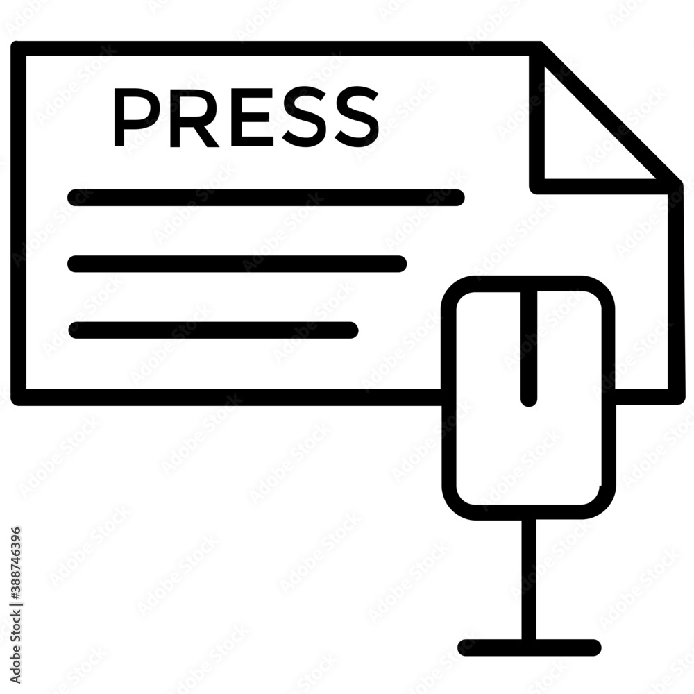 Document with press text and a microphone showing icon for press ...