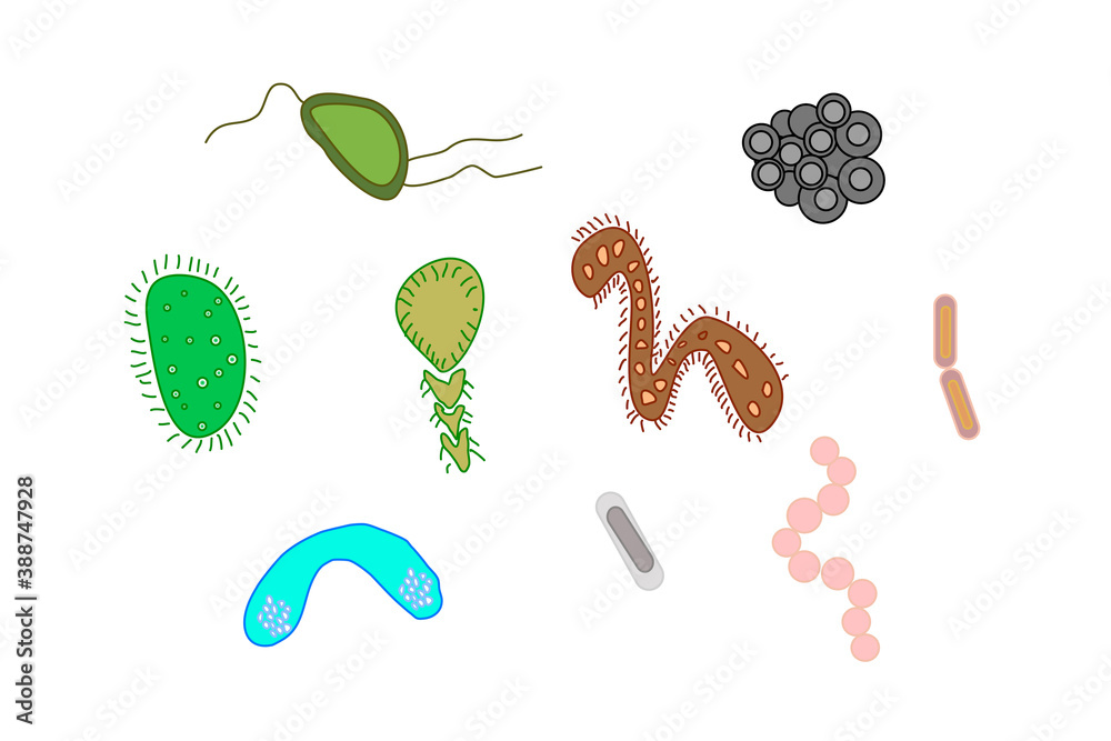 Stock vector colorful illustration of cartoon bacteria set in different ...