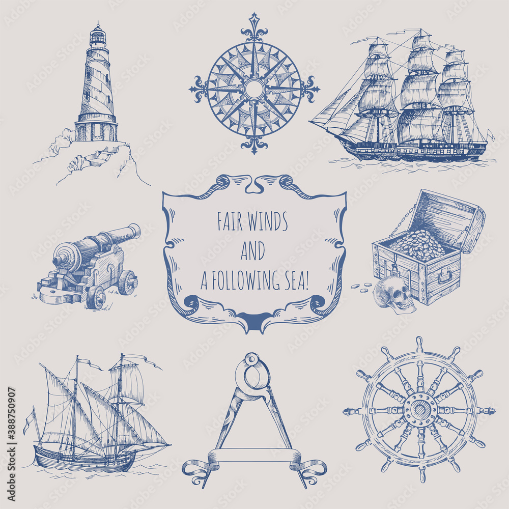 Set of decorative elements for the design of an old geographical map ...