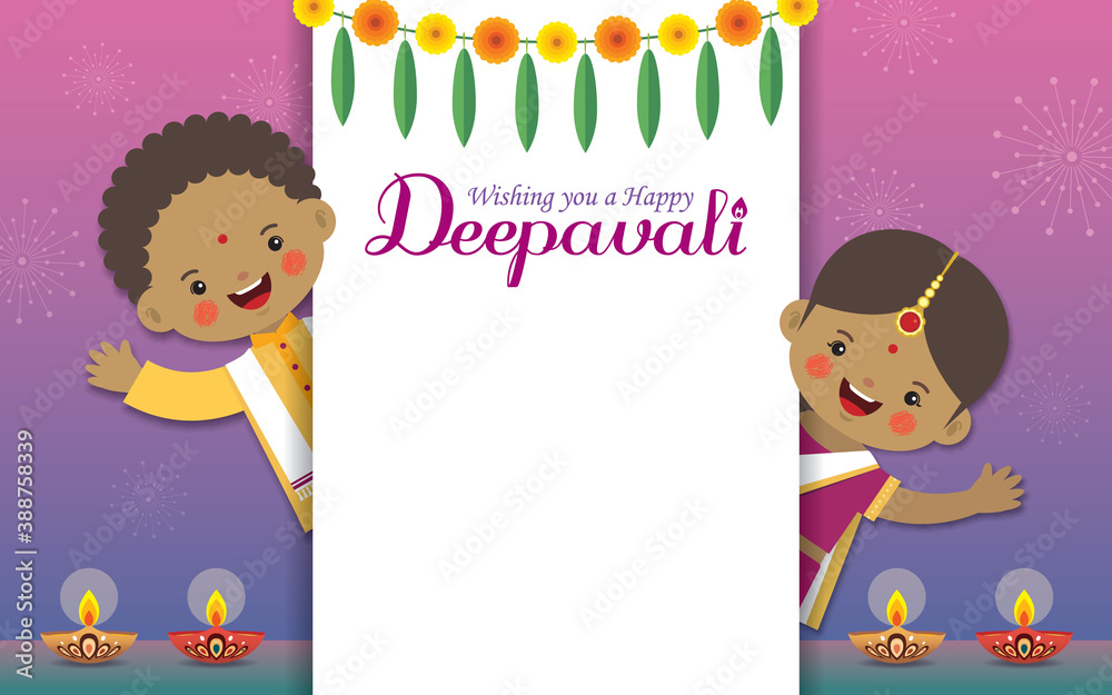 Diwali or Deepavali greeting template. Cute cartoon Indian kids with ...