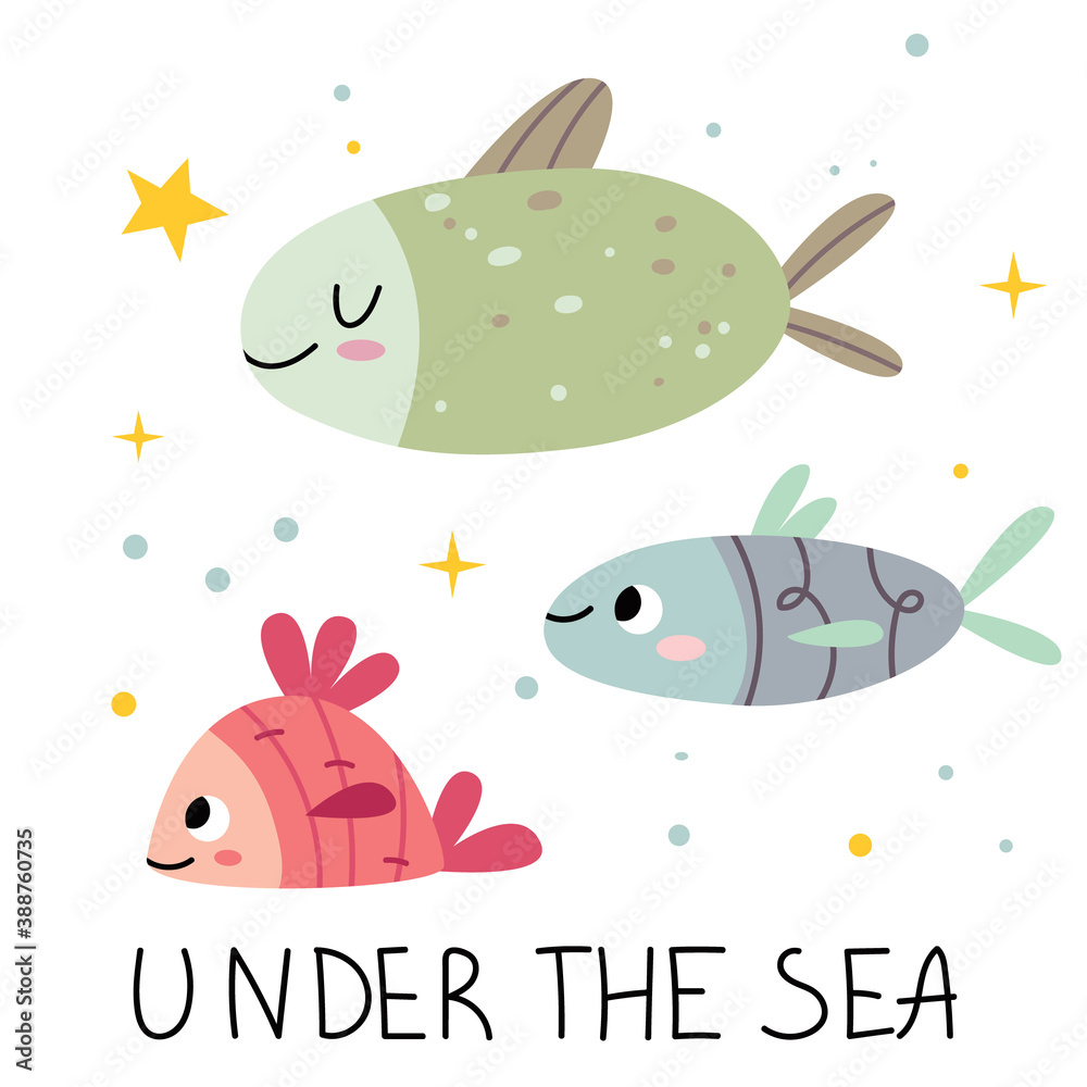 Underwater world. Three fish swim in the ocean. Colorful fish with ...