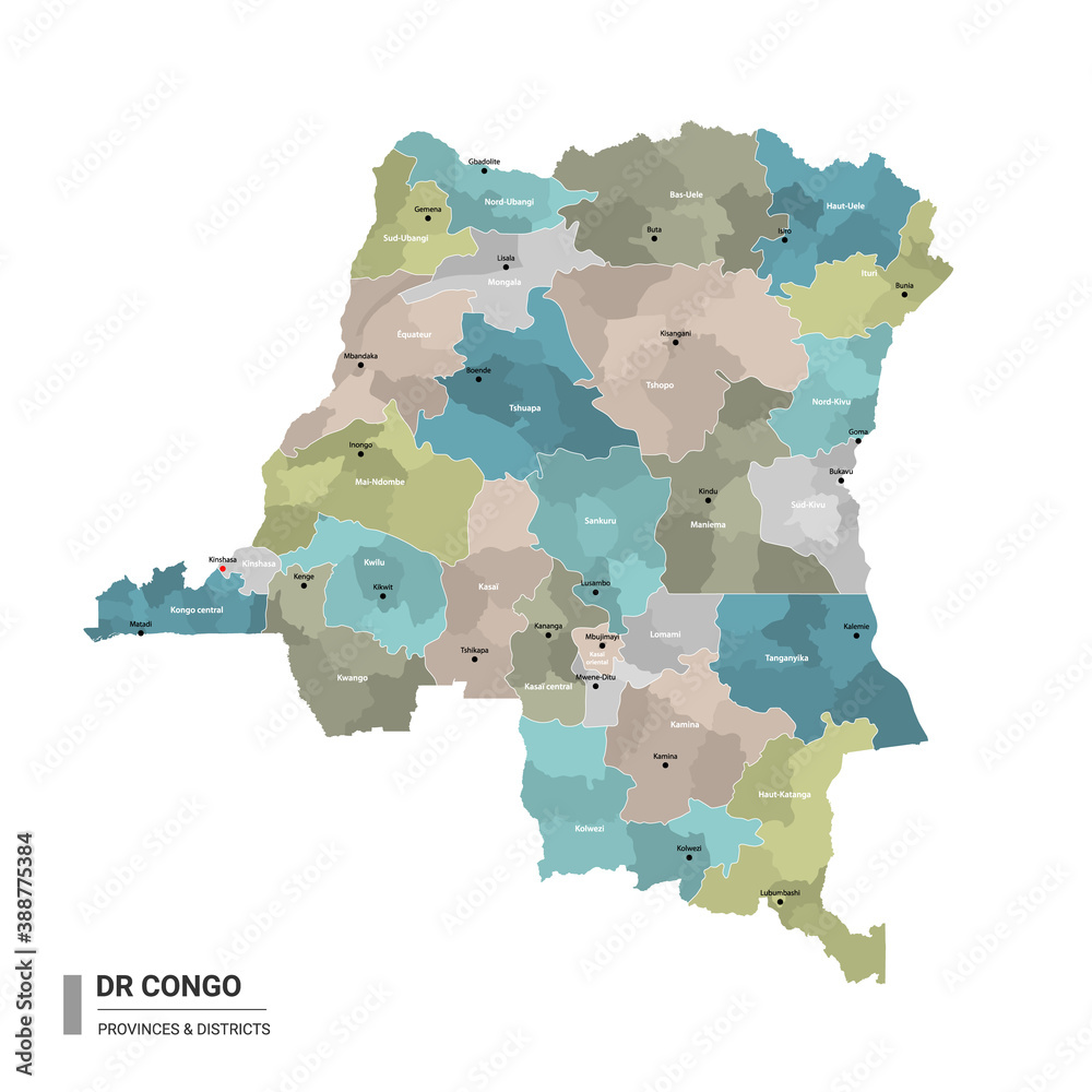 DR Congo higt detailed map with subdivisions. Administrative map of DR ...