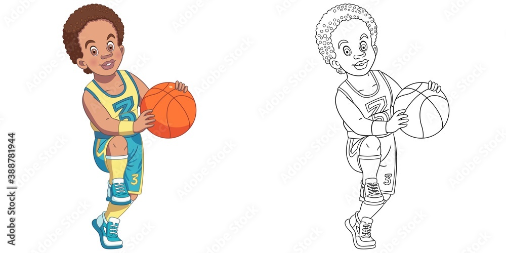 Coloring page with boy playing basketball. Line art drawing for kids ...