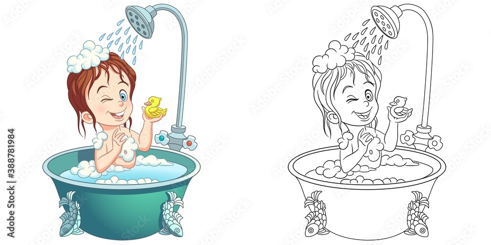 Coloring page with little girl taking bath. Line art drawing for kids ...
