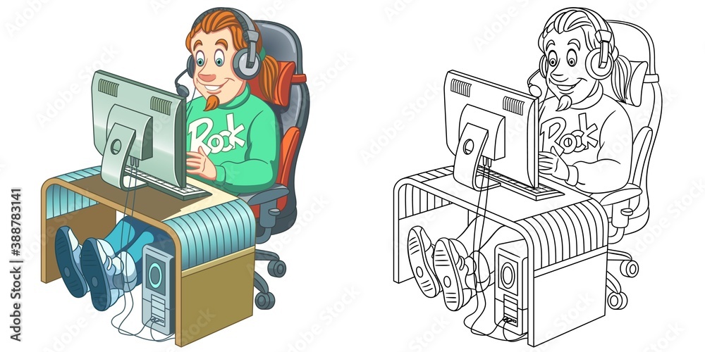 Coloring page with computer programmer. Line art drawing for kids ...