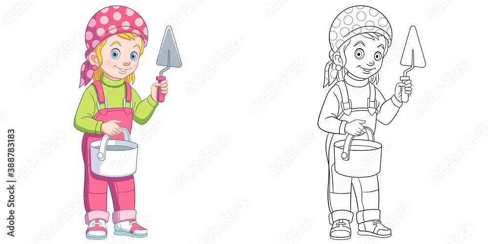 Coloring page with girl builder. Line art drawing for kids activity ...