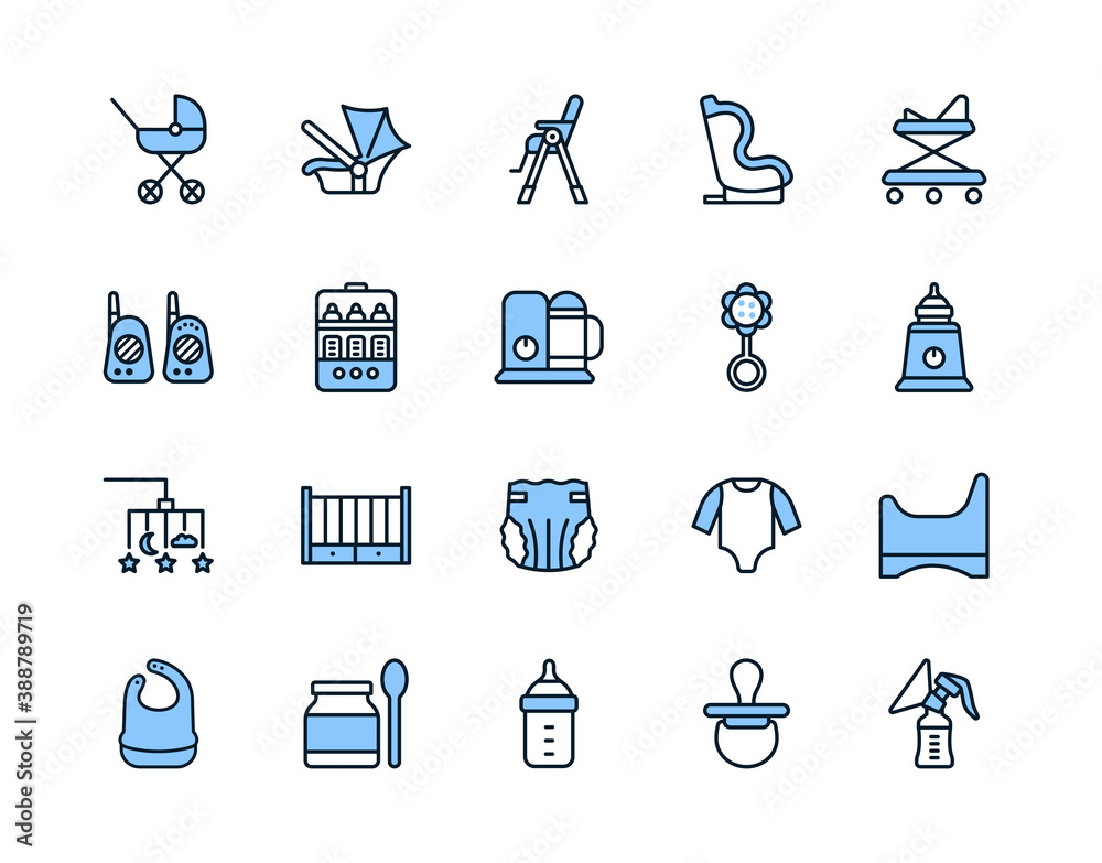 Baby items flat line icons set blue color. Vector illustration ...