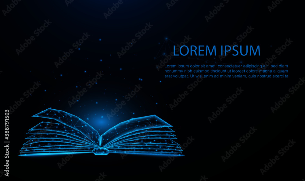 glowing blue open book. Low polygon, particle, and triangle style ...