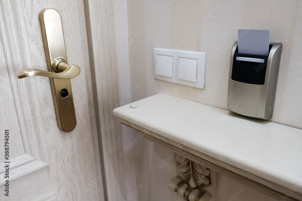 Closeup view of a security key card near the entrance door that ...