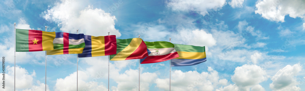 3D Illustration with national flags of the six countries which are full ...