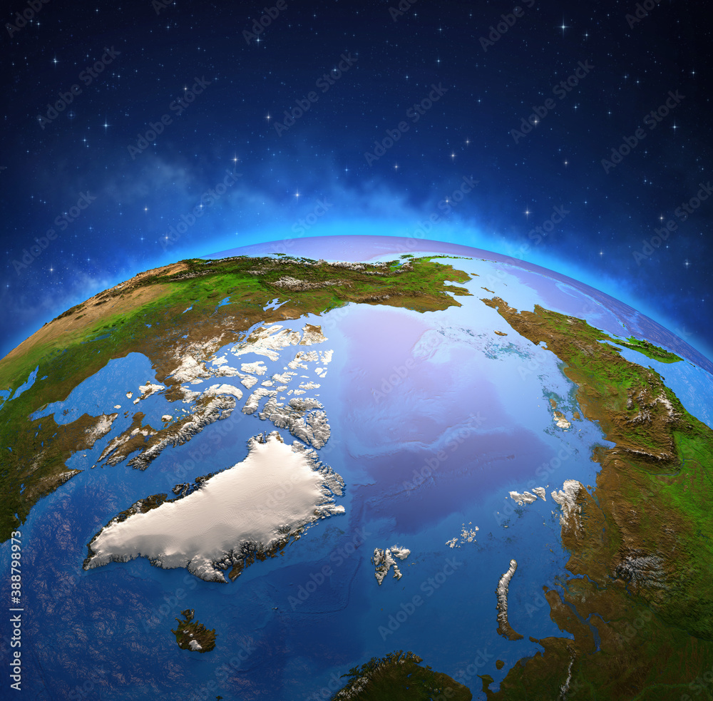 Surface of Planet Earth viewed from a satellite, focused on North Pole ...