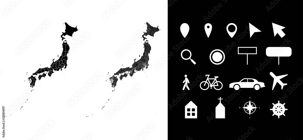 Map of Japan administrative regions departments, icons. Map location ...