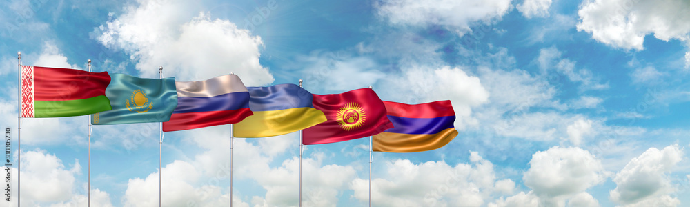 3D Illustration with national flags of the five countries which are ...