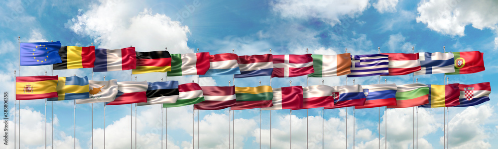 3D Illustration with the national flags of the 27 countries member ...