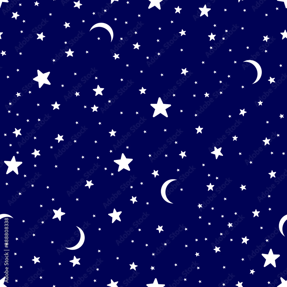 White stars and moons on the blue background. Seamless vector ...