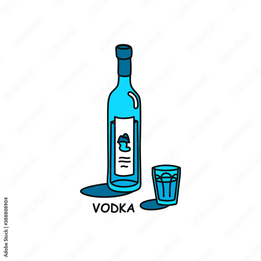 Vodka bottle and glass outline icon on white background. Colored ...