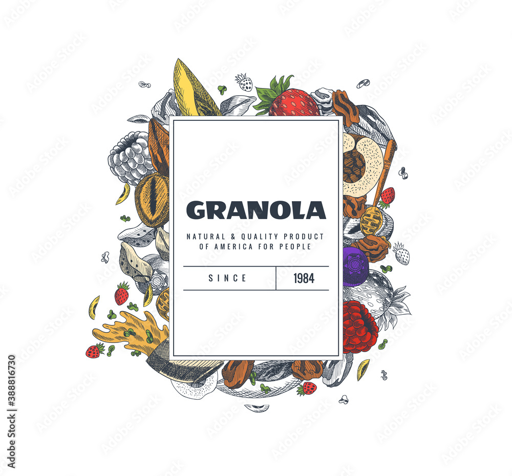 Granola packaging design template. Engraved style illustration. Various ...