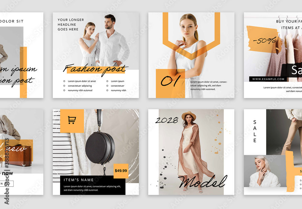 8 Simple Square Social Media Post Layouts with Orange Accent Stock ...