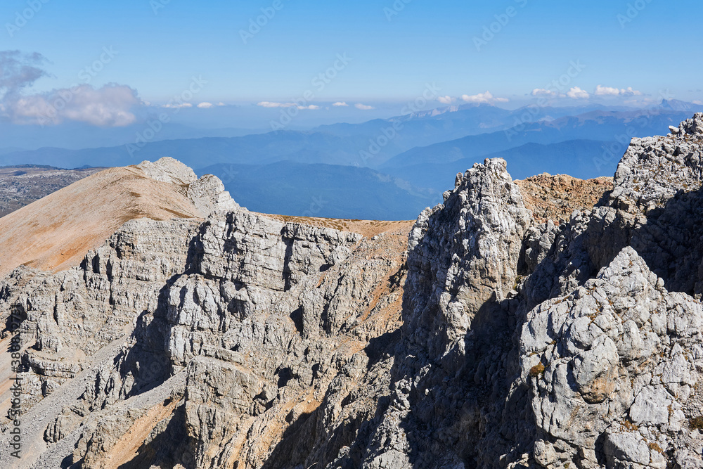 summit ridge with sheer cliffs of Mount Oshten in the western Caucasus ...