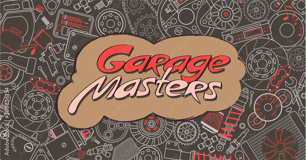 Color background with car parts and elements and text lettering. Stock ...