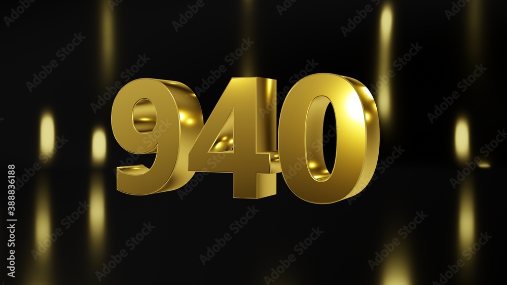 Number 940 in gold on black and gold background, isolated number 3d ...