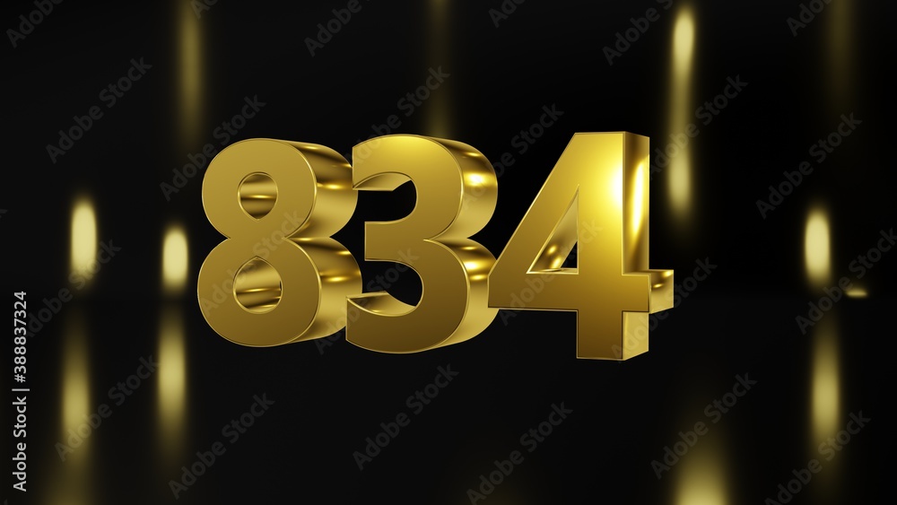 Number 834 in gold on black and gold background, isolated number 3d ...