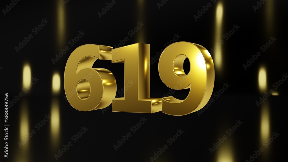 Number 619 in gold on black and gold background, isolated number 3d ...